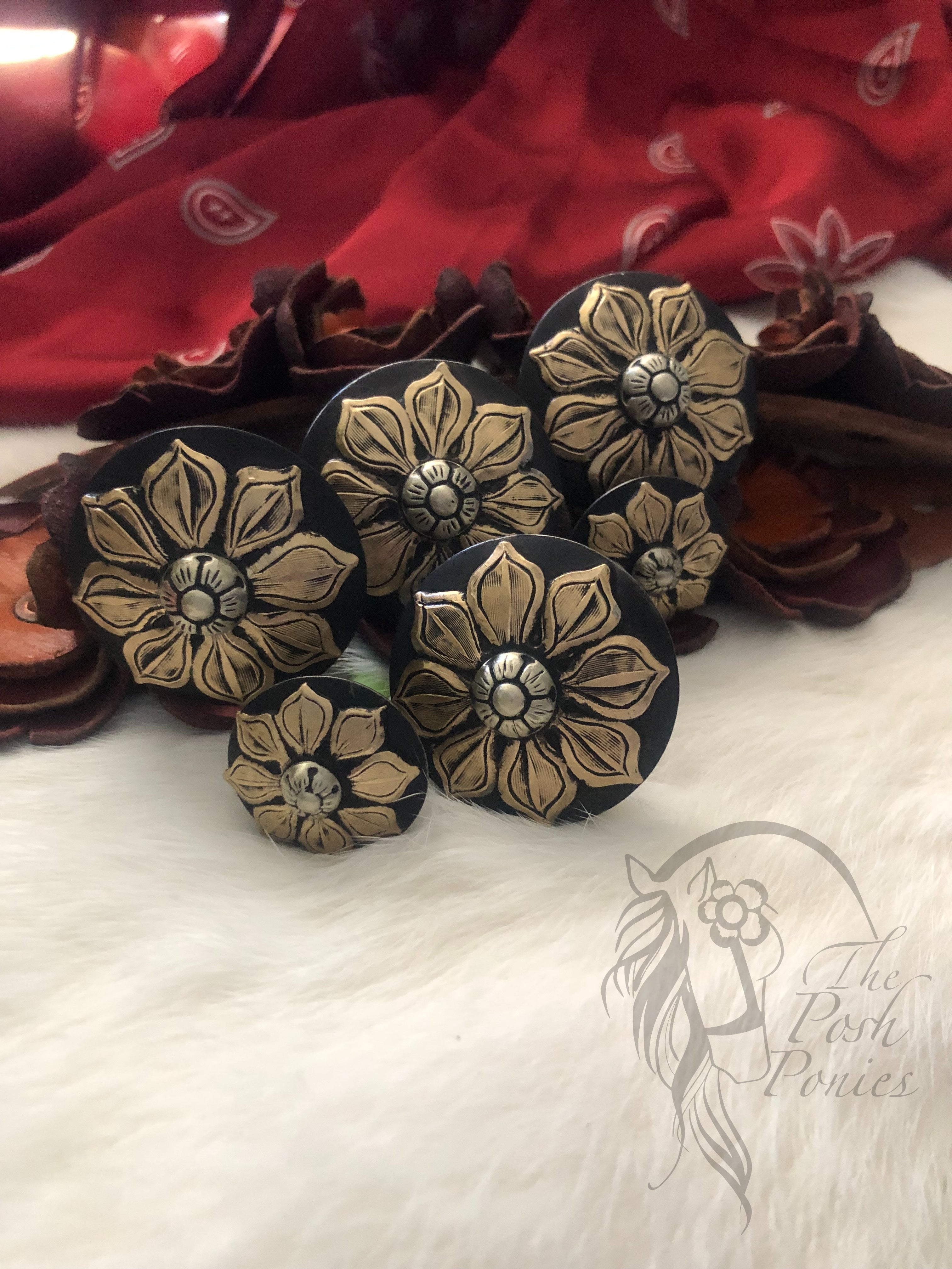 Handmade Brass Sunflower Saddle Concho Set – ThePoshPonies
