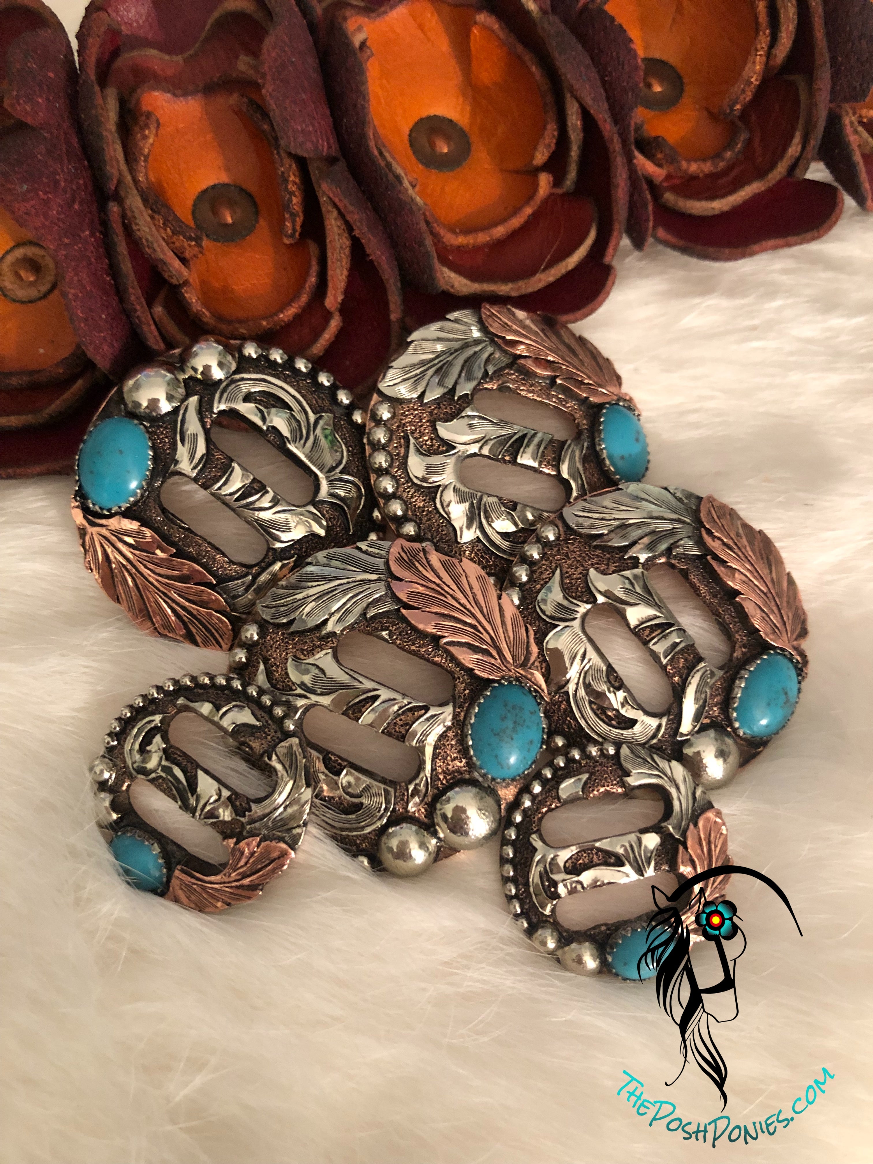 Handmade Slotted Turquoise Feather Swirl Slotted Conchos-3 sizes avail ...